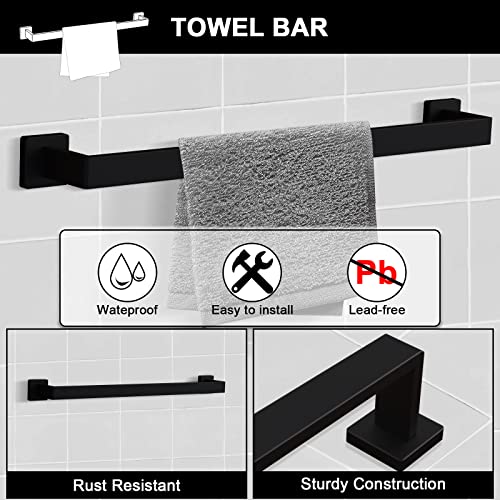 EWFEN Bathroom Hardware Accessories Set 5 Pieces Matte Black Towel Bar Set Wall Mounted, Stainless Steel, 23.6-Inch
