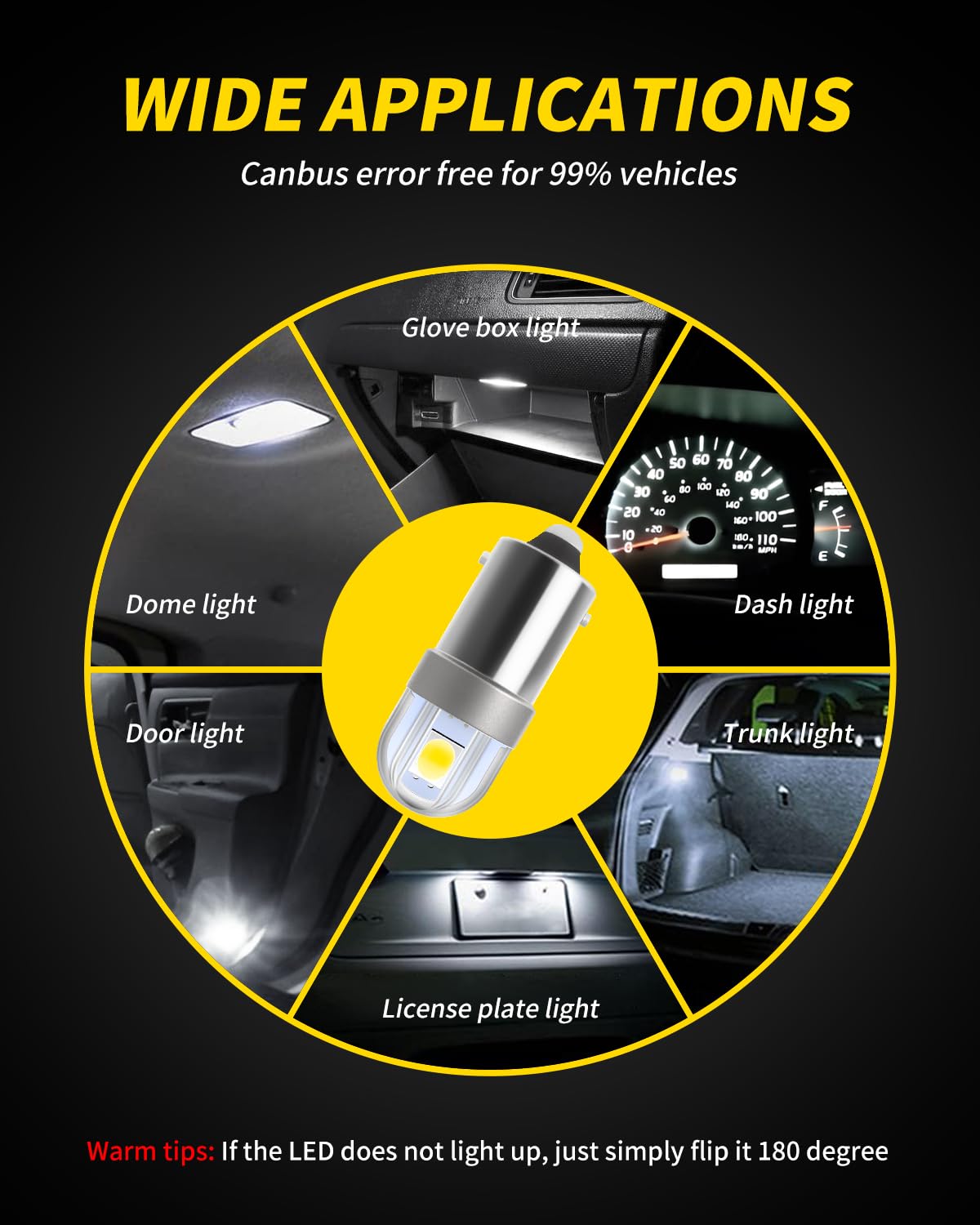 AUXLIGHT BA9S BA9 1895 1891 53 57 64111 3893 47830 Error Free LED Bulb, Super Bright 3030-SMD Interior Car Bulbs Replacemet for Dome Map License Plate Glove Box Lights (6000K White, Pack of 10)
