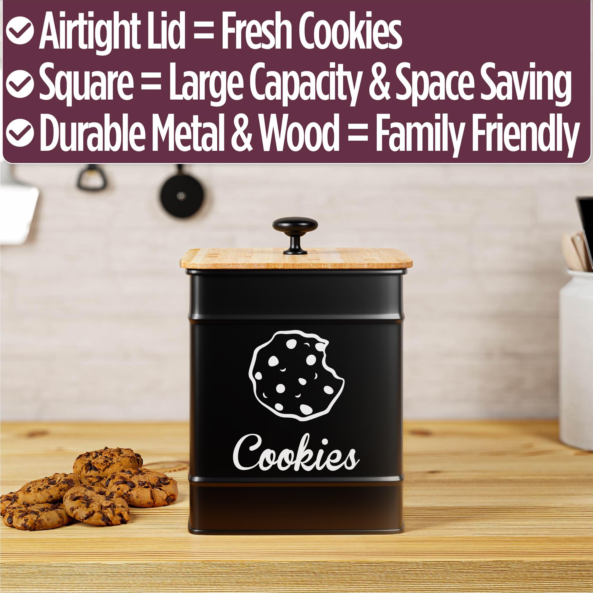 Cookie Jar with Airtight Bamboo Lid - 6"W x 6"D x 8"H Black Iron Cookie Tin - Large Cookie Jars with Lids Airtight - Farmhouse Cookie Jars for Kitchen Counter Decorative - Cute Cookie Jar Airtight Lid