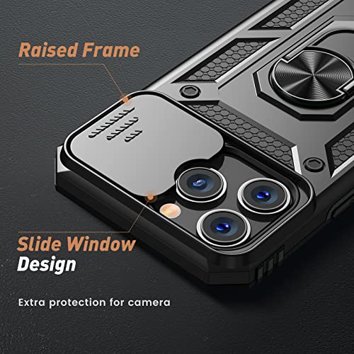 Goton for iPhone 14 Pro Max Case with Screen Protector - Slide Camera Cover Phone Case with Ring Stand, Heavy Duty Military Grade Shockproof Rugged Bumper for iPhone 14 Pro Max Accessories Black