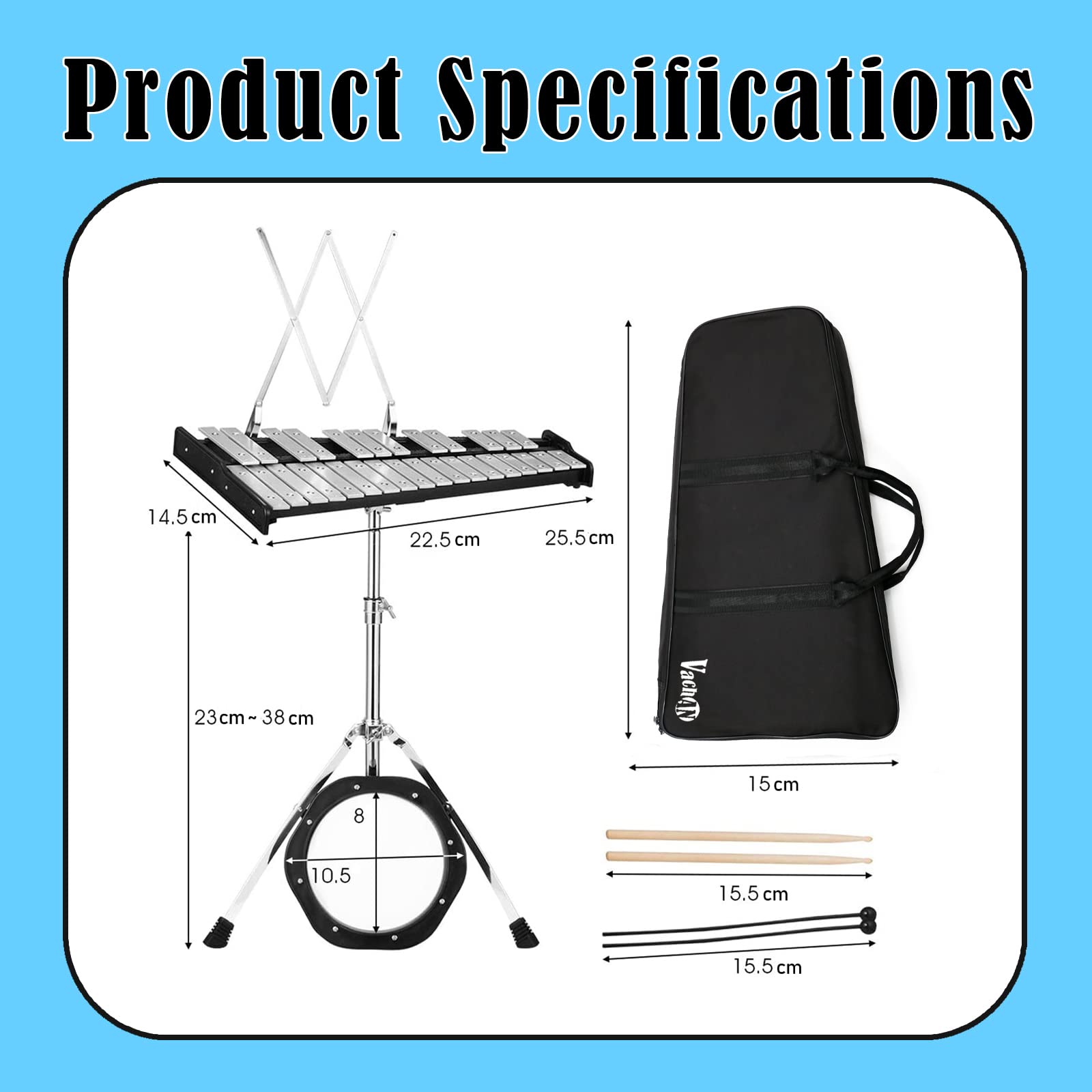 VACHAN 32 Notes Glockenspiel Bell Kit Professional Xylophone for Adult Beginner Students with 8'' Drum Practice Pad,Adjustable Music Stand,Glockenspiel Stick,Drum sticks and Carrying Bag