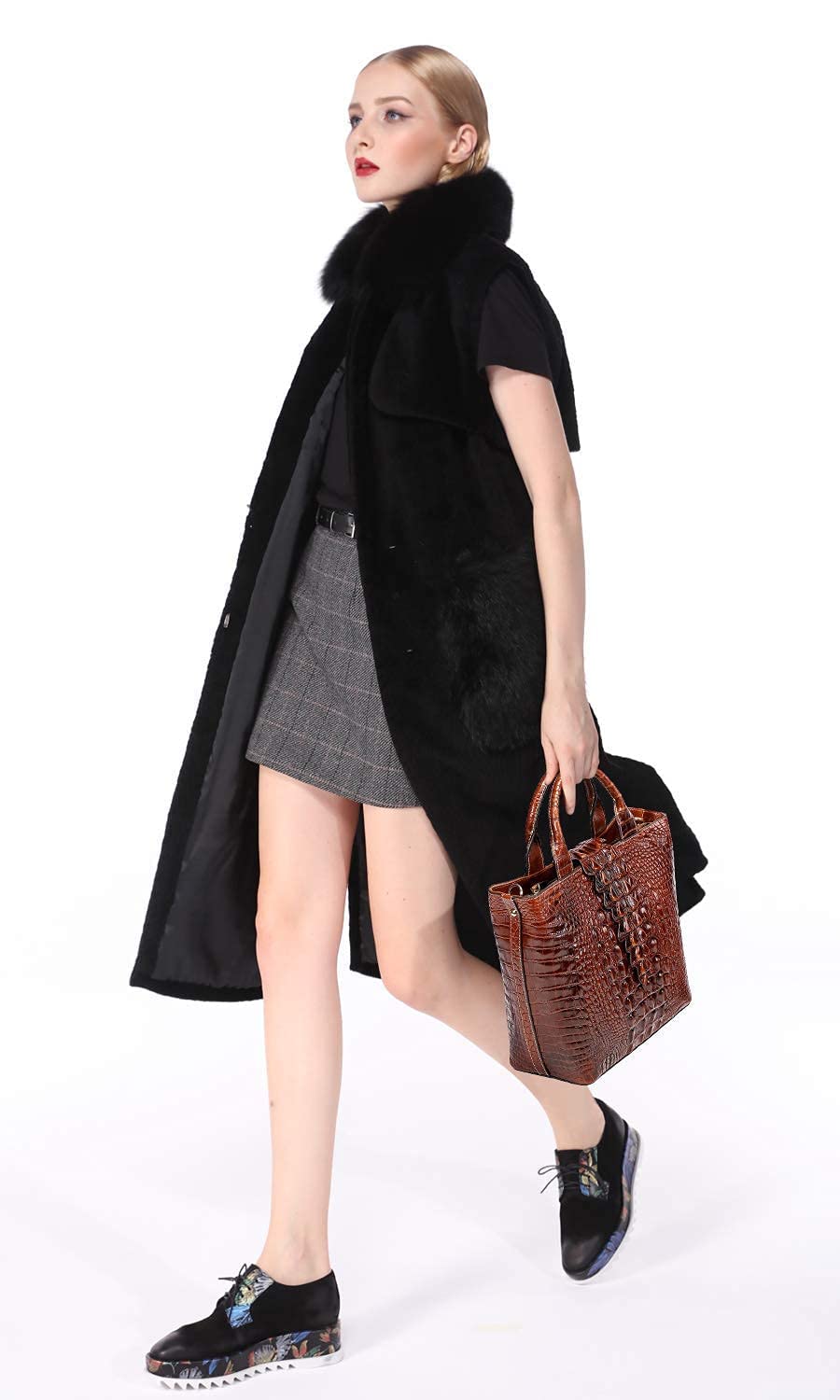 PIJUSHI Designer Genuine Leather Top Handle Satchel Handbags with Crocodile Wristlet Wallet