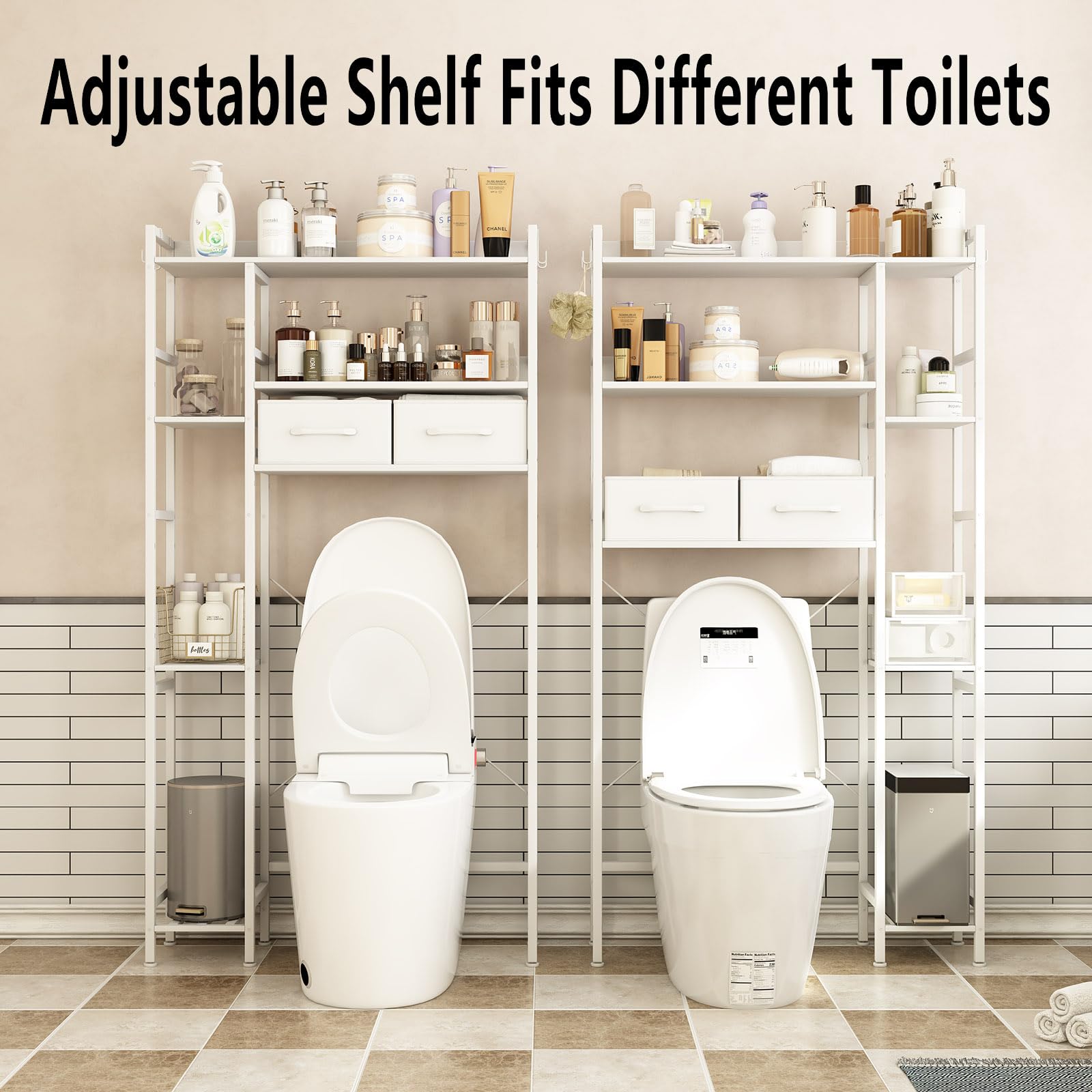 EdartHouse Over The Toilet Storage with 2 Drawers, Over Toilet Storage with Adjustable Shelf, Home Space-Saving Toilet Rack Above Toilet Storage with 4 Hooks for Restroom, Laundry(Rustic Brown)