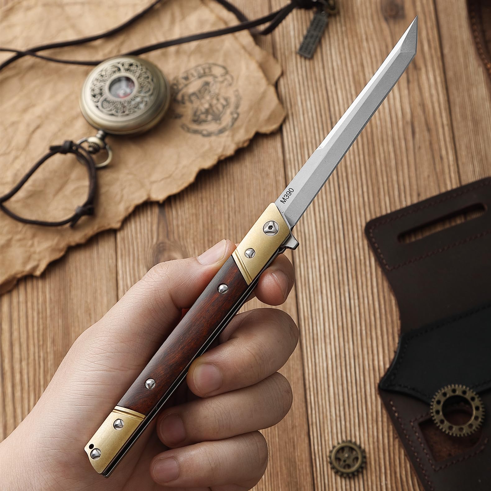EDC lightweight Folding Pocket Knife,M390 steel gentleman's knife,3.9”Stone washing effect blades,With handmade quality knife sheath,Desert Ironwood Handle,Camping Outdoor Daily Carry folding knife