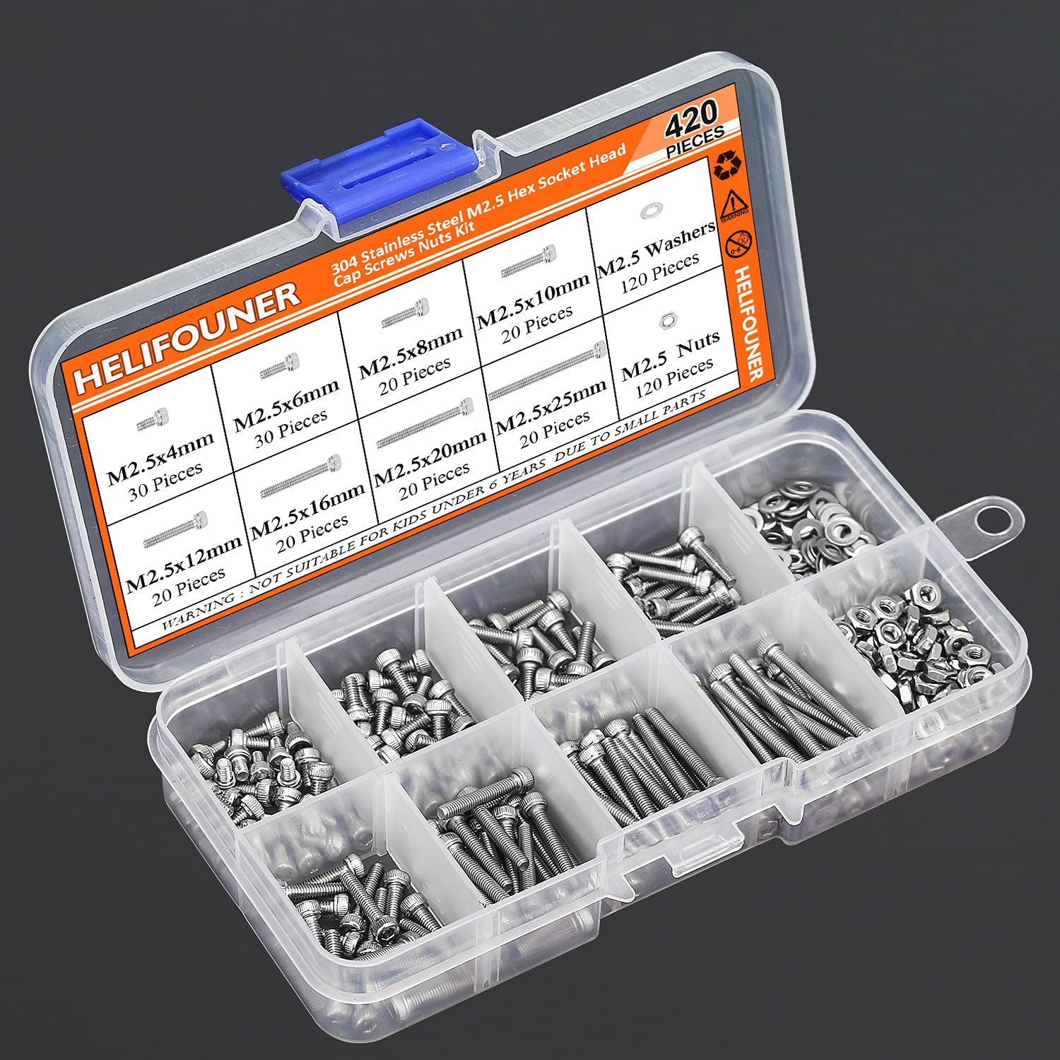 HELIFOUNER 420 Pieces M2.5 x 4mm /6mm /8mm /10mm /12mm /16mm /20mm /25mm, Hex Socket Head Cap Bolts Screws Washers Nuts Kit, 304 Stainless Steel