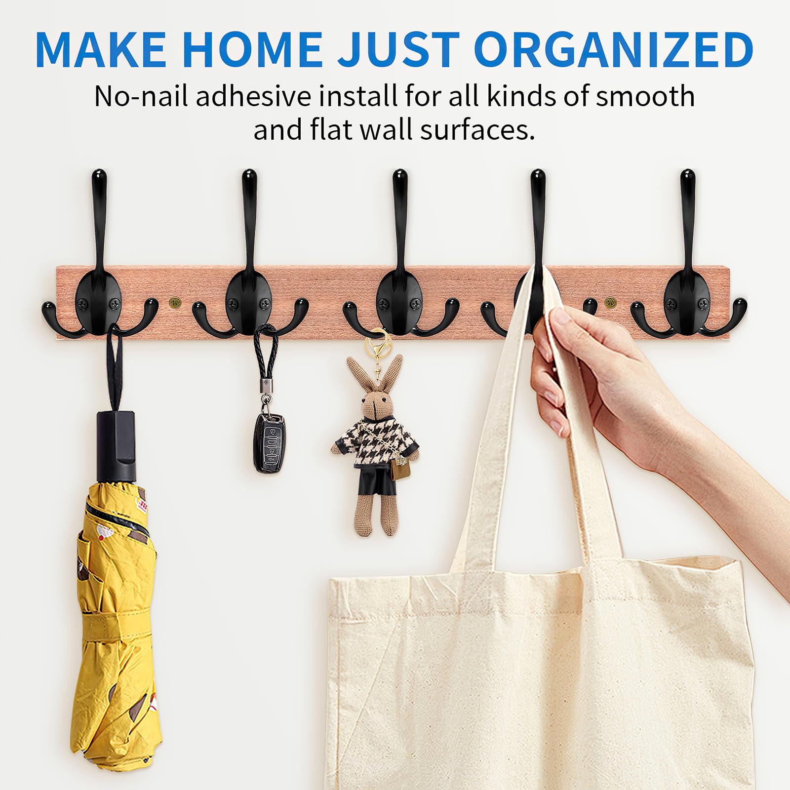 Coat Rack Wall Mounted, Entryway Wall Clothes Rack Hooks with 5 Heavy Duty Metal Three Hooks, Wooden Coat Hooks Wall Mount with 2 Mounting Types for Hanging Jacket, Backpack, Towel, Keyholder, Hats