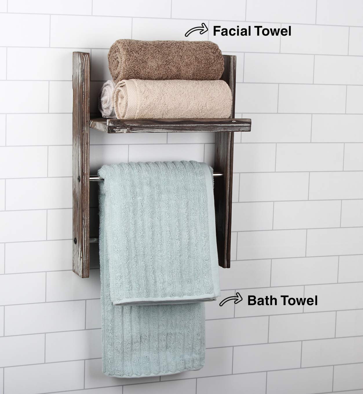 J JACKCUBE DESIGN Rustic Wood Wall Mount Towel Rack with Shelf, Blanket Ladder for Bathroom, Kitchen Hand Towels Holder, Stainless Towel Bar Hanger Farmhouse Decor - MK576A