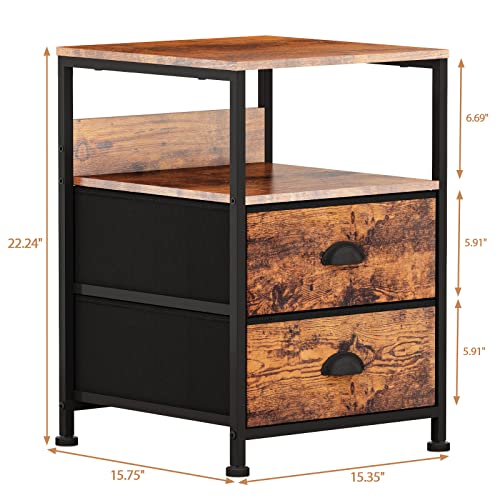 Furologee Tall 6-Tier Bookshelves, Rustic Bookcase with 2 Drawers, Nightstand with 2 Drawers, End Table with Storage Shelf for Bedroom, Living Room, Rustic Brown
