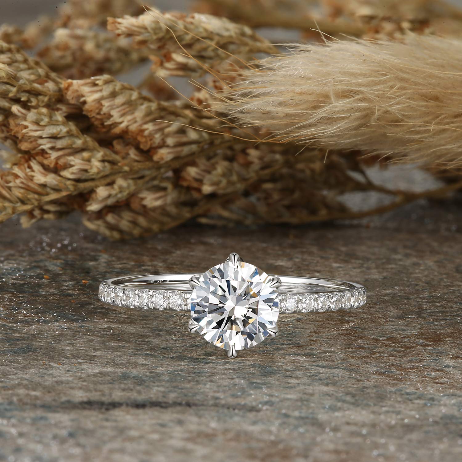 Lamrowfay 14k Yellow OR White Solid Gold 1.0 CT Classic 6-Prong Engagement Wedding Ring (White-Gold, 7)