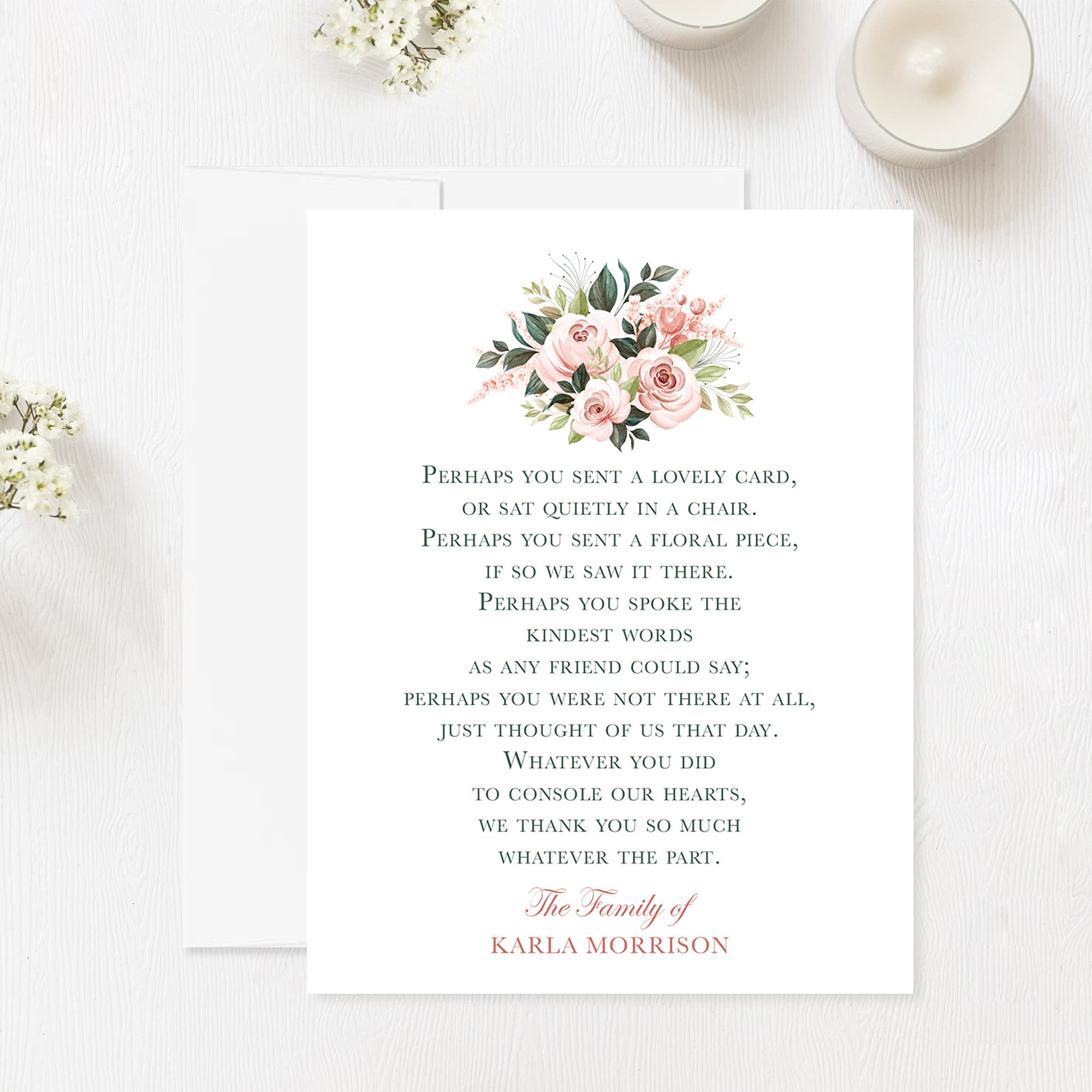 Hello Love Goods Sympathy Acknowledgement Cards, Personalized Funeral Thank You Cards with Poem and Pink Flowers - 5.5x4.25 Flat Notecards with Envelopes