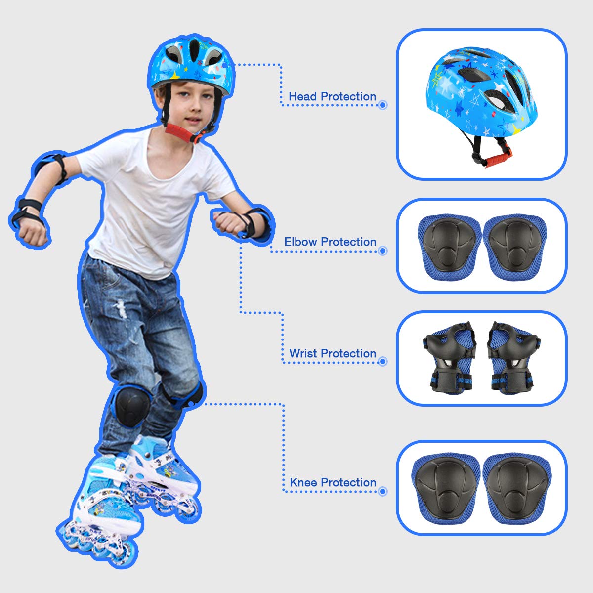 Besmall Kids Helmet Protective Gear Set, Child Ages 3-7 Cycling Adjustable Helmet Safety Pads Set for Boys Girls Roller Skateboard Bicycle Blue （Helmet + 2 Knee + 2 Elbow Pads + 2 Wrist Guards）