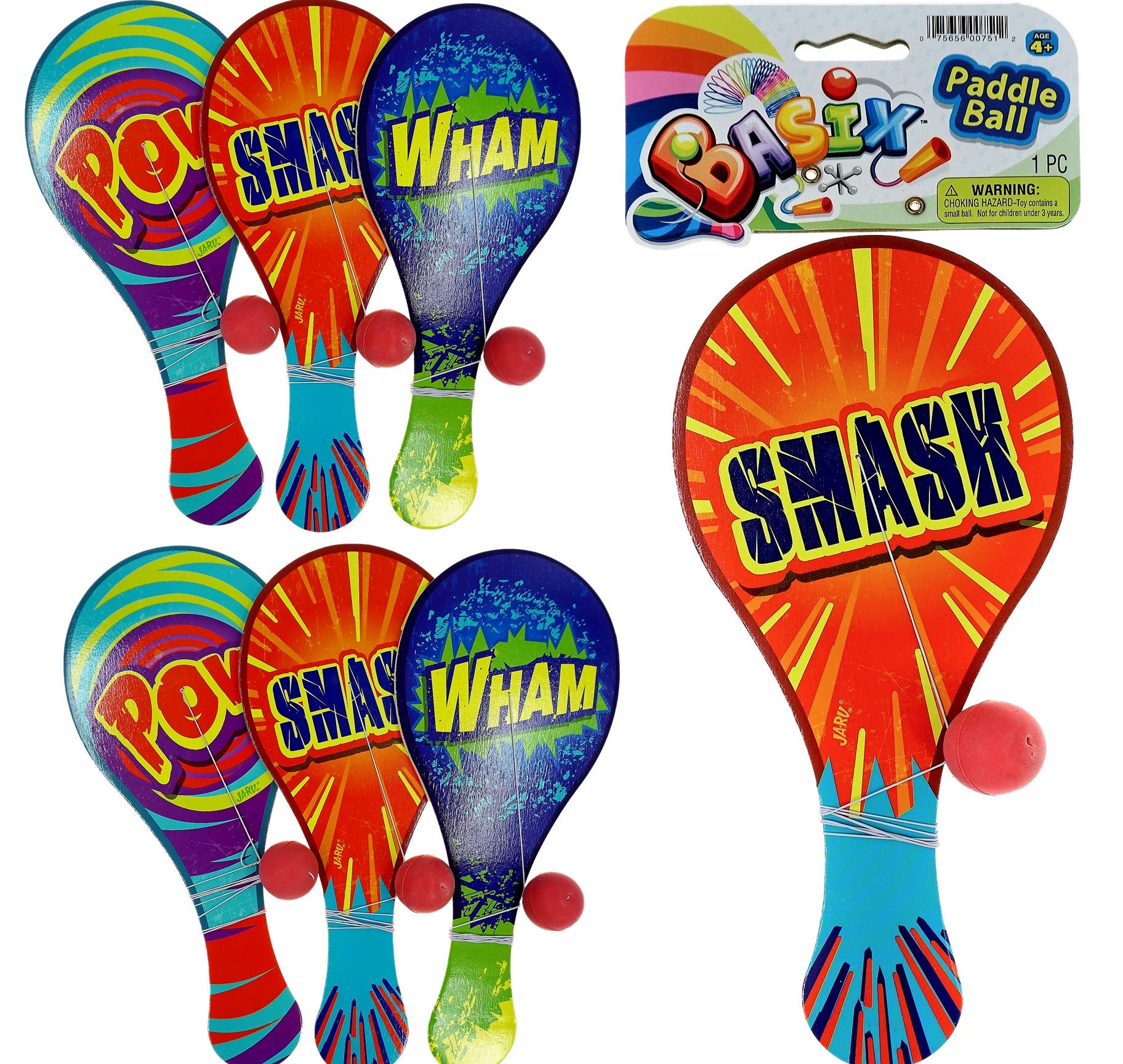 JA-RU Wooden-Paddle Ball with String (Pack of 3) Vintage Retro Toys Paddle Ball Set | for Kids, Boy and Girl Toy | Indoor, Outdoor Set Games | Party Favors Birthday. Plus 1 Bouncy Ball | 751-3p