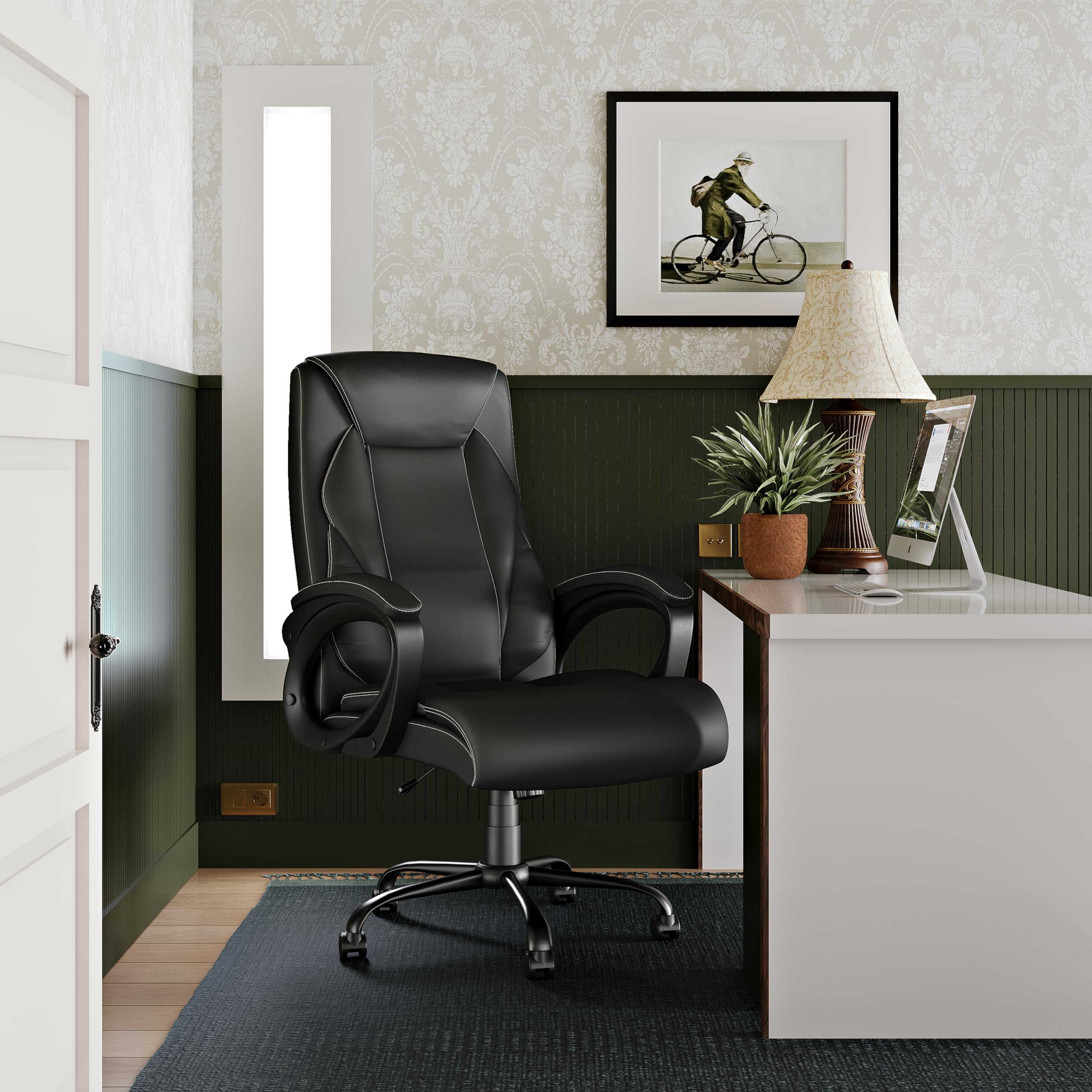 ELABEST Ergonomic Office Chair,Big and Tall Leather Office Chair,Comfortable Executive Office Chair,High Back,Computer Desk Chair, Modern Office Chair,Comfy Office Chair with Padded Armrests, Black