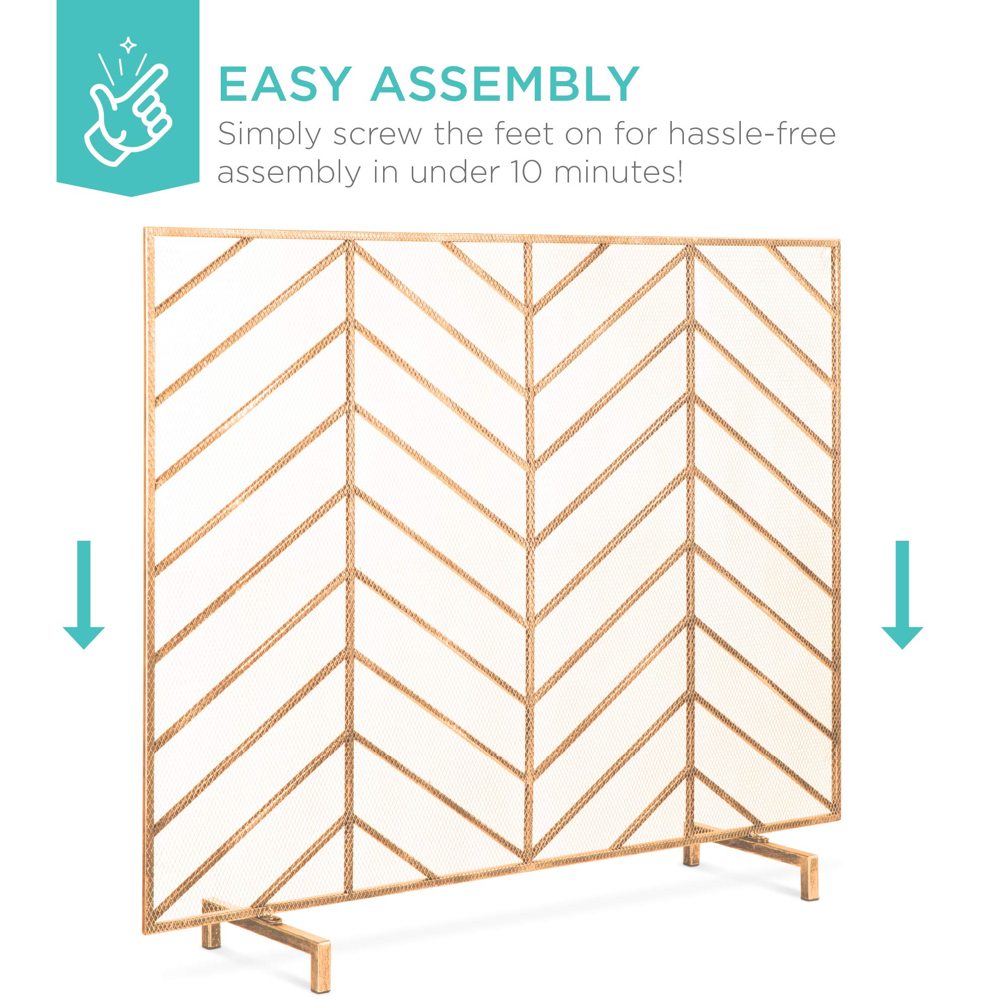 Best Choice Products 38x31in Single Panel Handcrafted Wrought Iron Mesh Chevron Fireplace Screen, Fire Spark Guard for Living Room, Bedroom Décor w/Distressed Antique Finish - Gold
