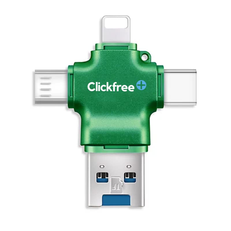 Clickfree™ 512GB USB Photo and Video Saver for Phone/Pad/Mac/PC, High Speed 4-in-1 Universal Phone Flash Drive-Lightning-USB-Photo Stick-External Storage Thumb Drive (Emerald Color)
