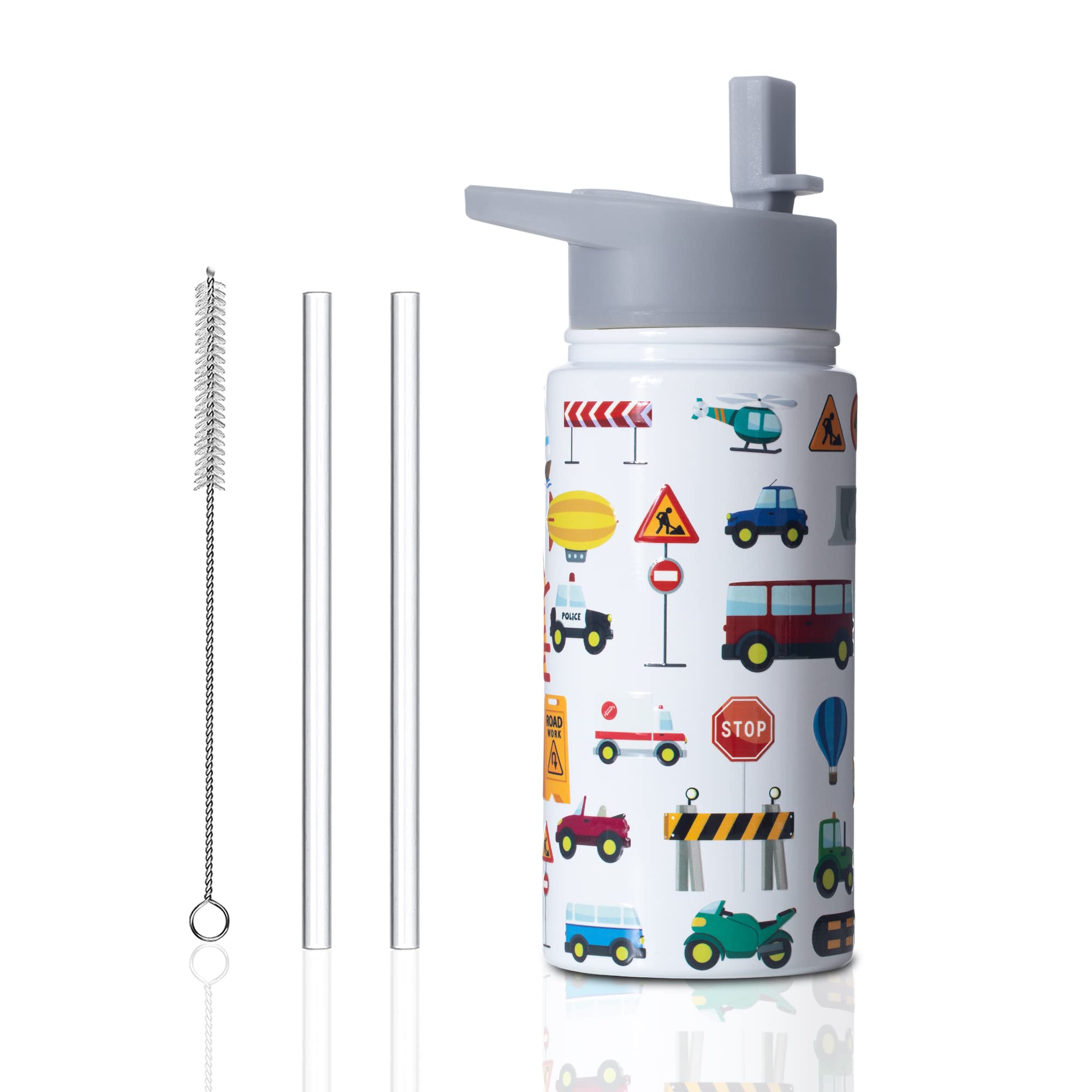 Boelia 15 oz Car Water Bottle Kids For School Preschool Car Bus Insulated Cups Birthday Gifts For Boys Stainless Steel Water Bottles Christmas Gifts For Son Daughter