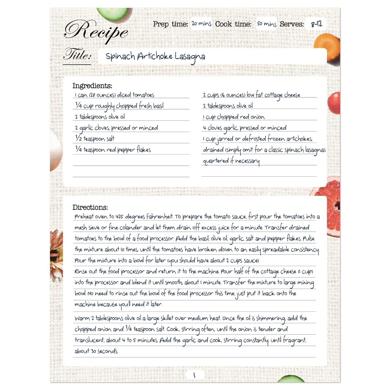CraftSaints Full Size Recipe Pages 8.5x11'' Double-Sided Paper, (25 Sheets) No-Smear Matte Paper Recipe Pages for Binders, Convenient Blank Recipe Paper Refills (Vegetable)