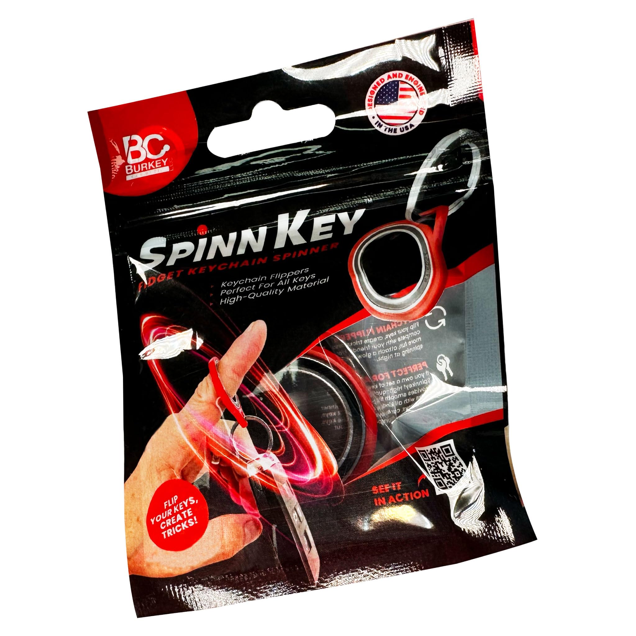 BurkeyCo SpinnKey - Fidget Keychain Spinner, Car Key Flipping Ring, Karambit - Red
