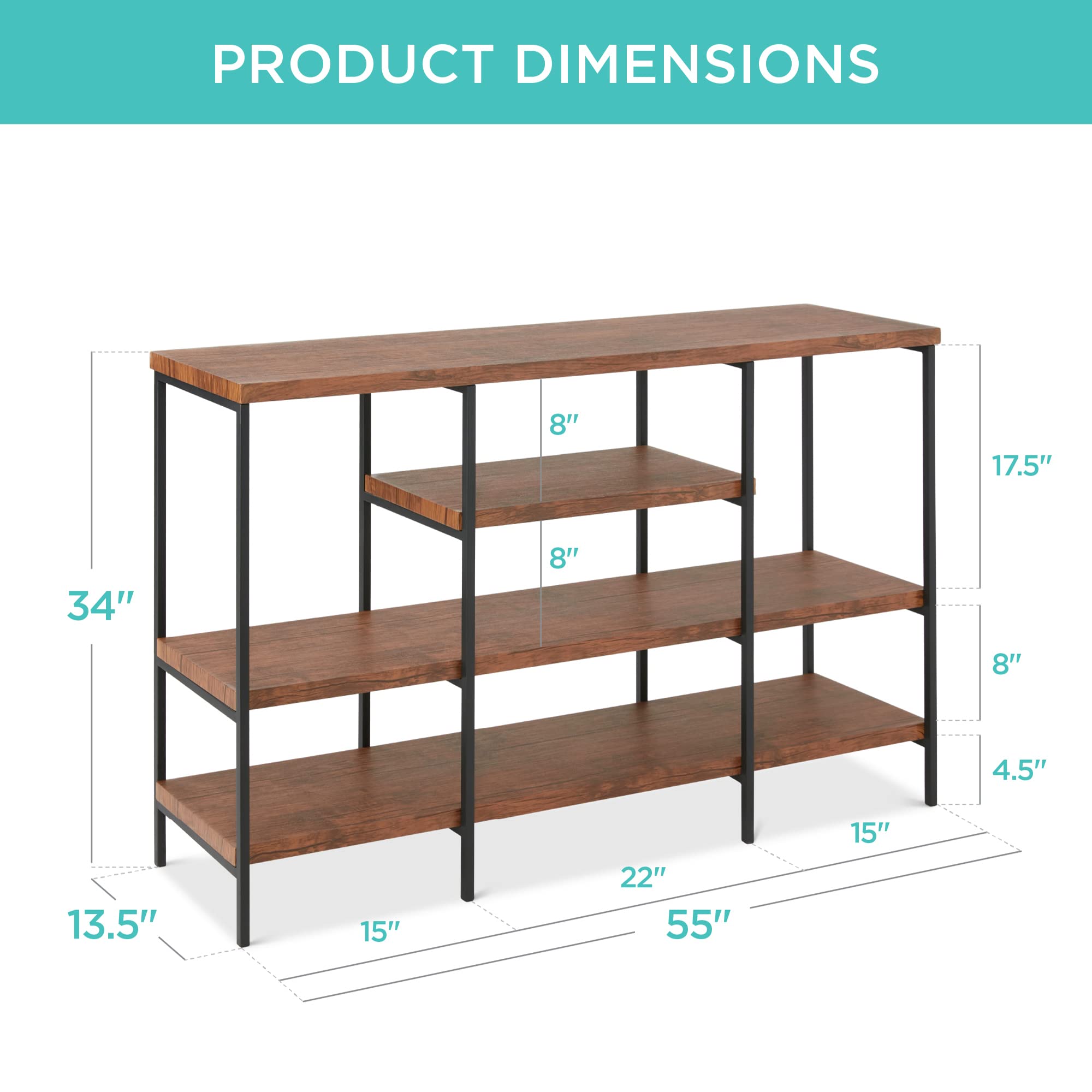 Best Choice Products Large Console Table, 4-Tier 55in Rustic, Industrial Sofa Table Storage for Living Room, Entryway, Foyer, Hallway w/EVA Non-Scratch Feet, Steel Frame - Dark Walnut