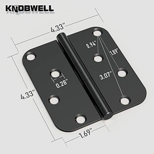 KNOBWELL 3 Pack 8-Hole 5/8-Inch Radius Door Hinges for Interior and Exterior Door Use, 4-Inch by 4-Inch Matte Black Door Hinges