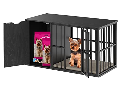 Dog Crate Furniture End Table, Wooden Dog Kennel with Cushion, Decorative Pet Crate House Cage Indoor for Small Medium Dogs, Black