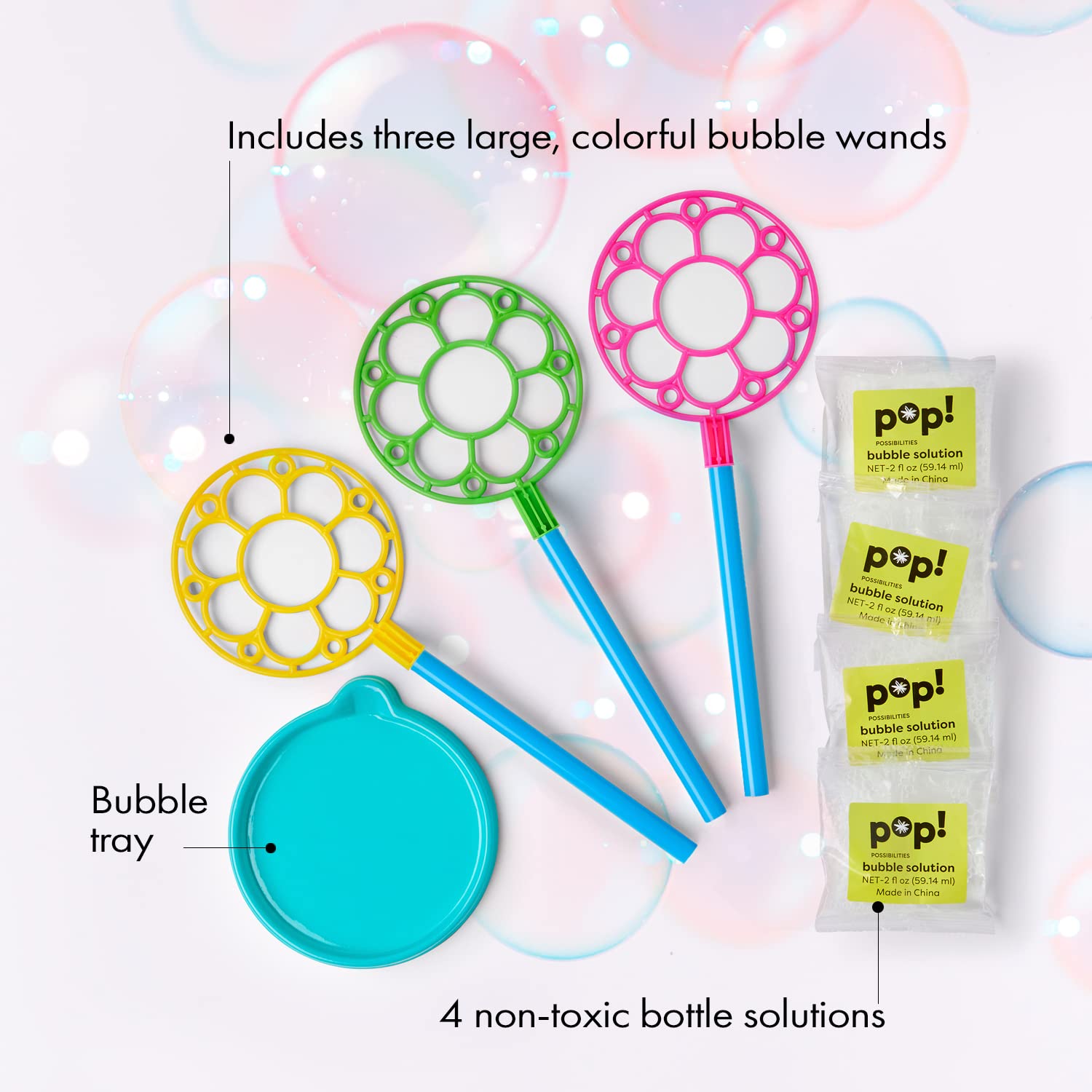 Bubble Wand Kit for Kids - Set of 3 Large Bubble Makers with Tray and Refill Solution - Outdoor Activities and Summer Toys for Blowing Bubbles
