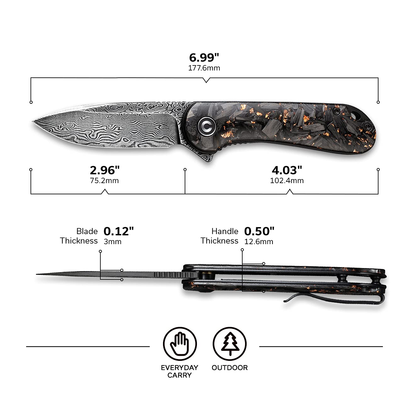 CIVIVI Elementum Folding Pocket Knife for Men, 2.96" Damascus Blade Folder with Low Profile Pocket Clip for EDC C907C-DS3