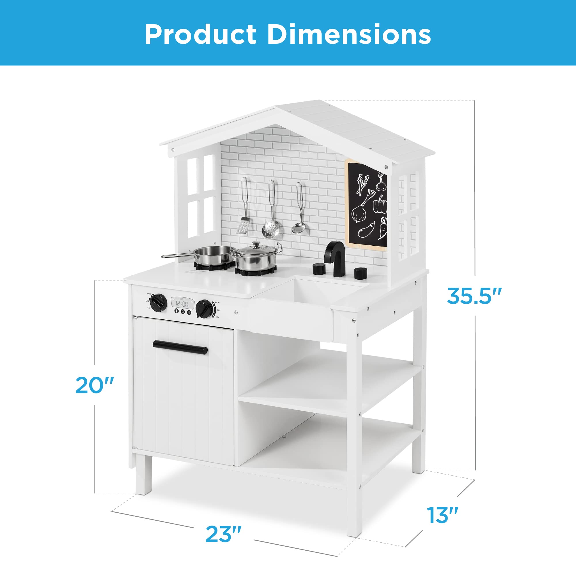 Best Choice Products Farmhouse Play Kitchen Toy, Wooden Pretend Set for Kids w/Chalkboard, Marble Backdrop, Windows, Storage Shelves, 5 Accessories Included - White