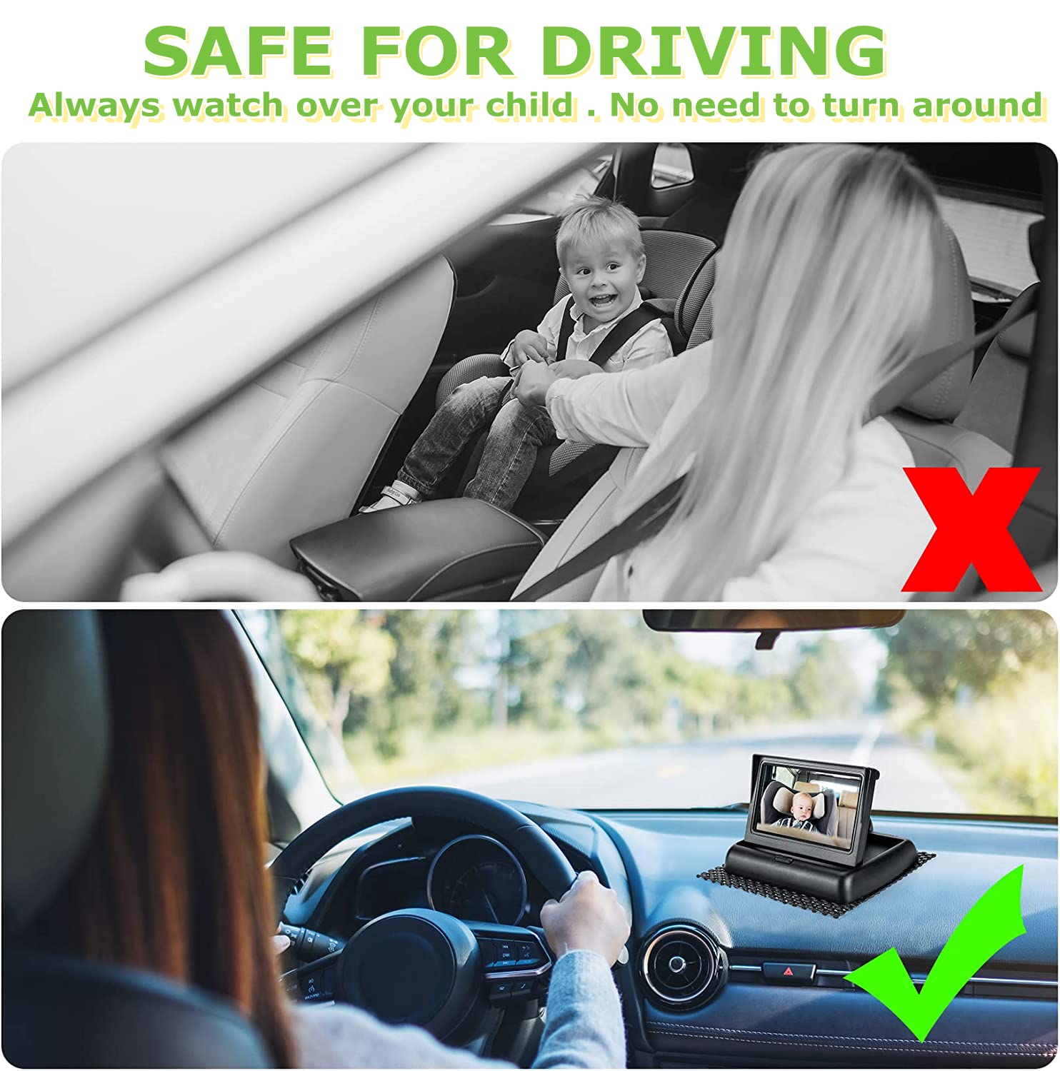 CarThree Baby Car Mirror, 4.3Inch HD Night Vision Car Mirror Display, Safety Car Seat Mirror Camera Monitored Mirror with Wide Crystal Clear View, Easily Observe Baby's Every Movement While Driving