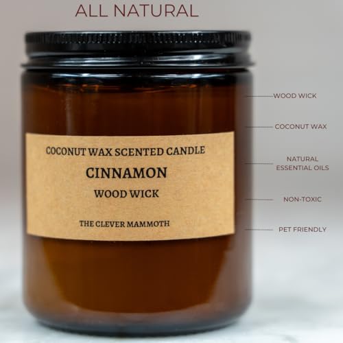 Coconut Wax Scented Candle - Wood Wick - Paraffin Free - Long Lasting - Crackle - Essential Oils - Smoke Free - (Cinnamon, 8 Oz.)