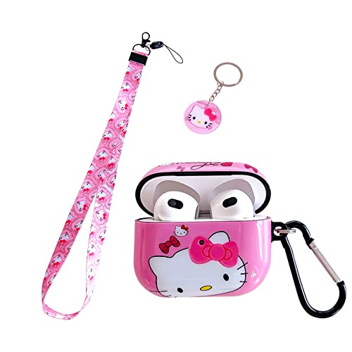 Cute Interesting Hello Cartoon Design Soft TPU Airpod 3rd Generation Case,with Unique Fashion Kawaii Pink Cat Lanyard Keychain,AirPod 3rd Case Cover for Women and Girls