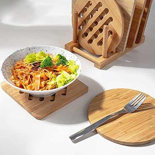 Lawei 8 Pack Bamboo Trivets with Dish Rack - Bamboo Trivet Mat Bamboo Hot Pads Trivet for Hot Dishes, Pot, Bowl, Teapot