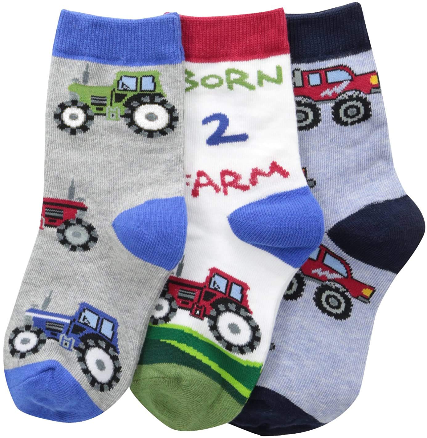 Jefferies Socks Boys 2-7 Born 2 Farm Triple Treat 3 Pair Pack, Farmer, X-Small