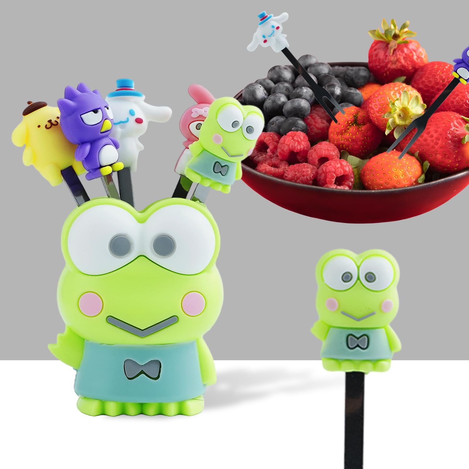 Cartoon Mini Fruit Fork, Cute Set of 6 Fruit Forks with Holder Stainless Steel Food Pick Forks for Home (Cha-SRO)