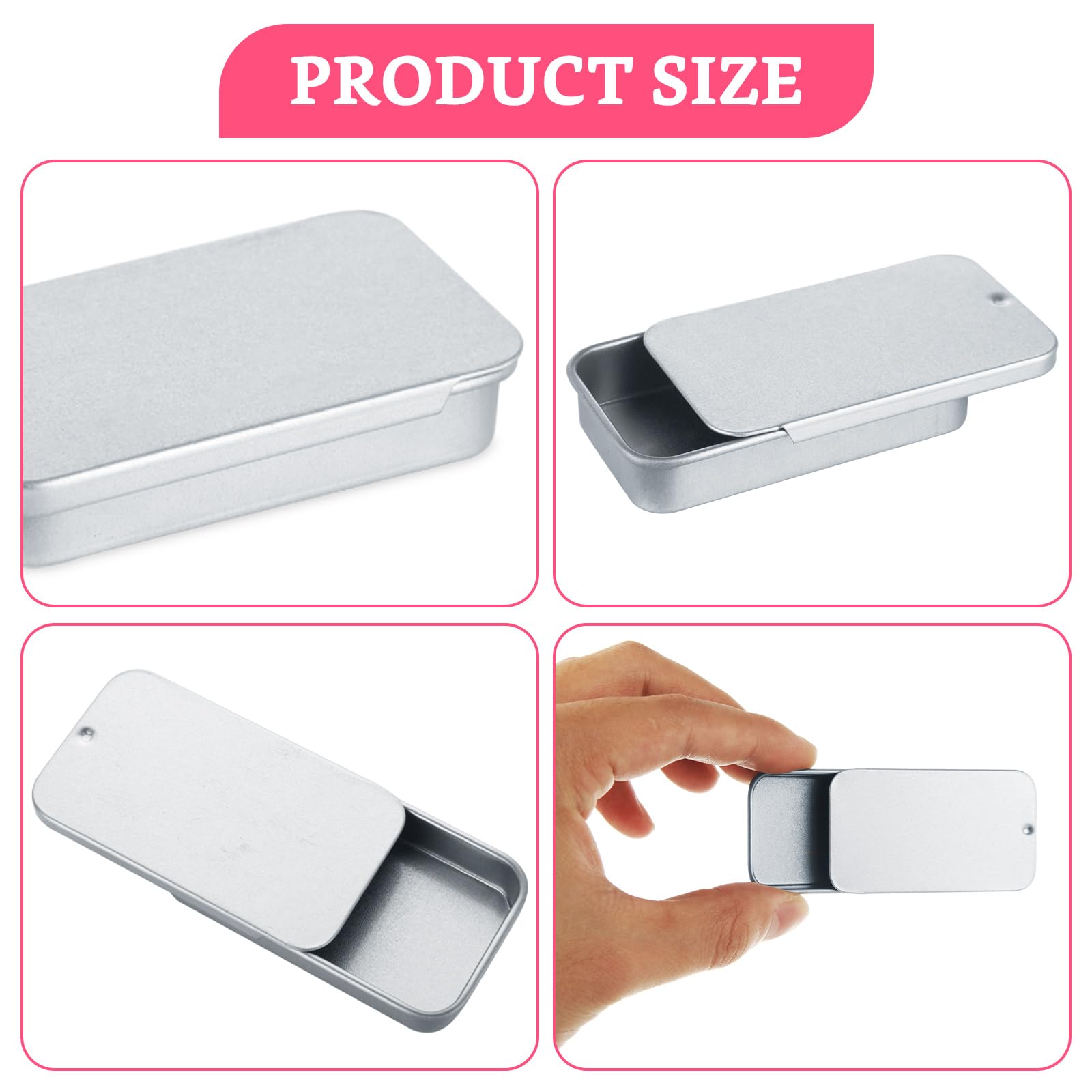 DAJAVE 100 Pack Metal Slide Top Tin Containers, 0.5 oz Mini Metal Tin Containers, Rectangle Metal Tin Box with Slide Lids for Lip Balm Jewelry Crafts Pills(Silver)