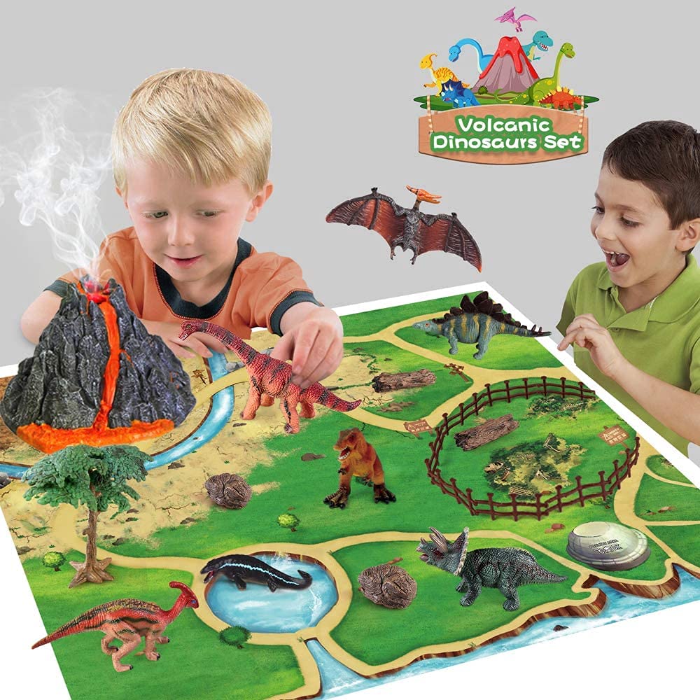 kramow Dinosaur Volcano Figures Toy with Mat, Mist-spouting Volcano Playset with Realistic Dinosaurs,Stone and Tree to Create a Dinosaur World Educational for Kids Boys Girls Age 3+