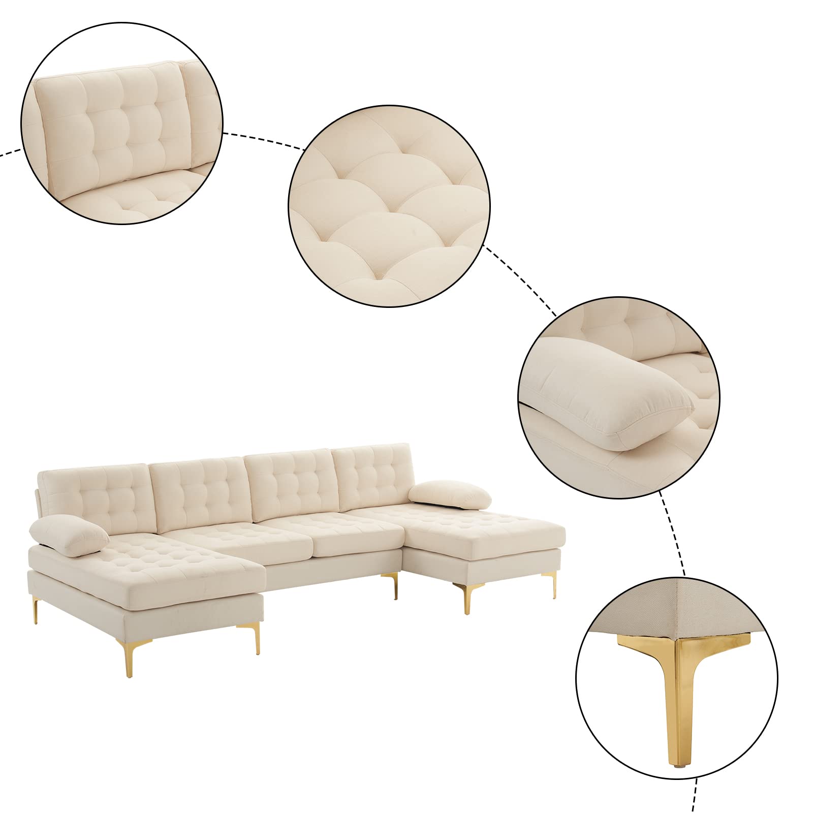 Imseigo 110" Modern Large Reversible Sectional Sofa,Modular Living Room U-Shape 4-Seater Couch with Linen Fabric for Small Space,with Extra Wide Chaise Lounge (Linen Fabric, Lattice Creamy White)