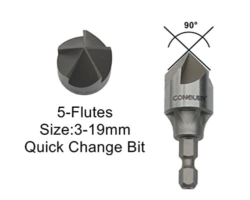 CONQUER Tools 5 Flute Metal Countersink Drill Bit, 90 Degree for 1/4'' Hex Shank Fit 1/8"-3/4"(3mm-19mm), Burr Removal, Deburring Beveling Chamfer Tool, Holes Shaping Trimming, Inner/Pipe Reamer