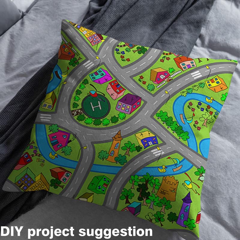 Feelyou Kids' Play Mat Fabric by The Yard, Hand-Drawn Style Suburb Road Upholstery Fabric for Chairs, Car Race Track Cartoon Roadway Decorative Fabric for Home DIY Projects, 1 Yard, Grey Green