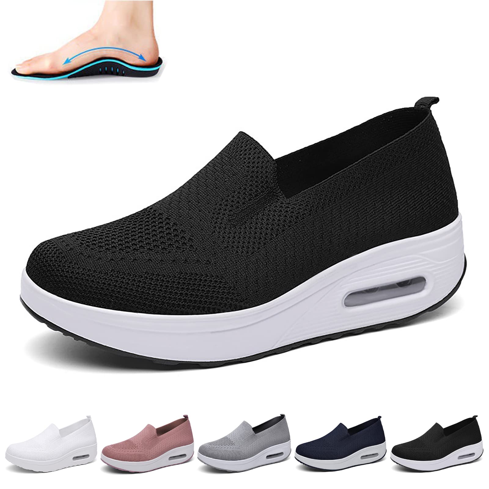 Bersauji Women's Orthopedic Sneakers, Mesh Up Stretch Platform Shoes for Walking, Black 8.5