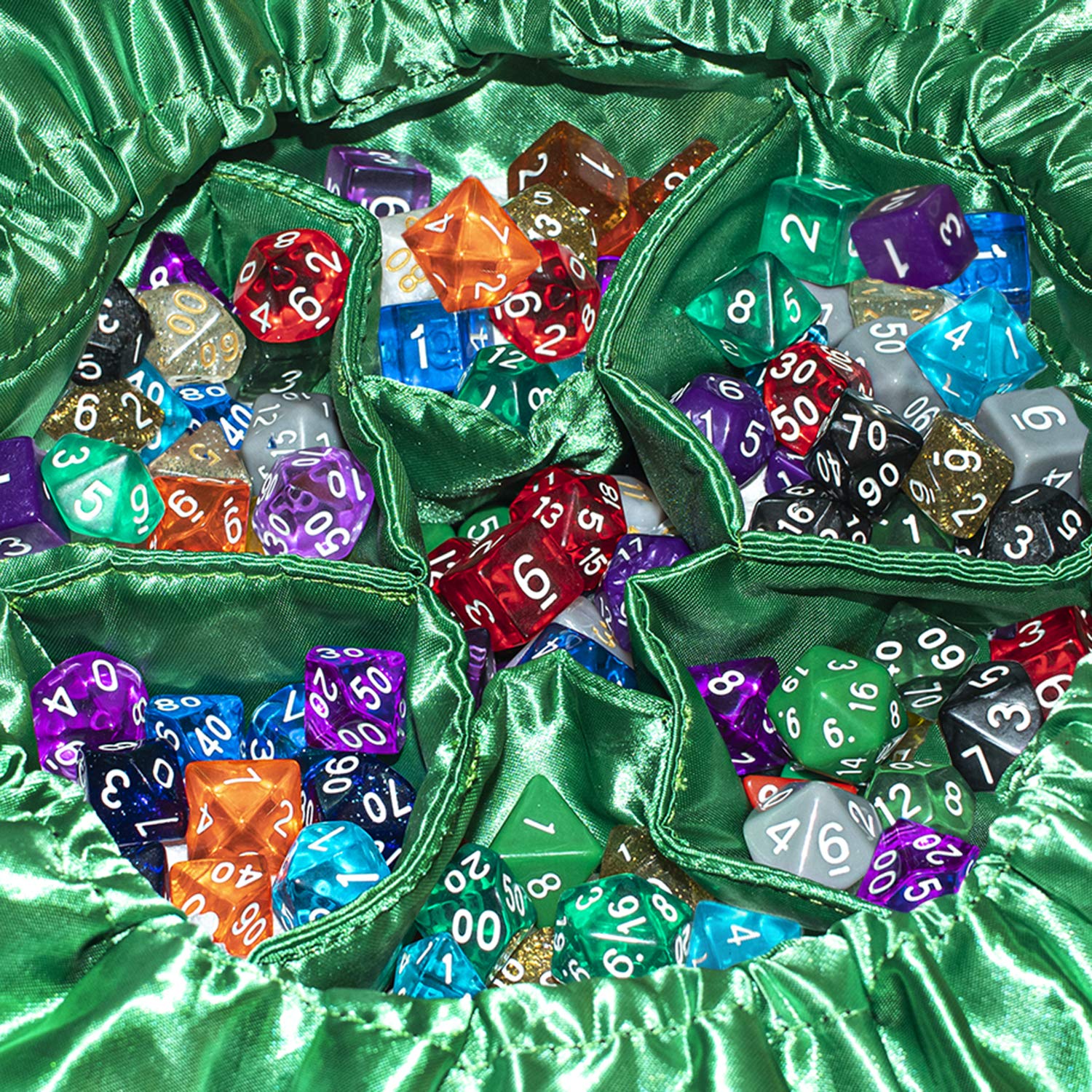 Large Dice Bag with Pockets β Embroidered Green Dragon DND Dice Bag | Green Satin Interior Lining | Man-Handles 150+ Dice