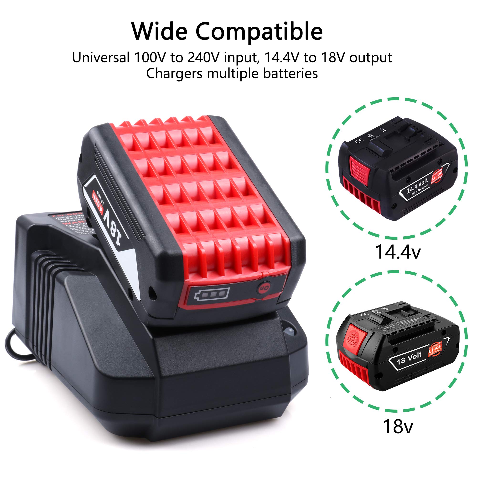 Batteriol BC660 BC1880 18V 14.4V Li-ion Battery Replacement Charger for Bosch BAT609 BAT609G BAT618 BAT618G BAT614 2607336236 Cordless Electrical Drill Lithium-Ion Battery Slide-in Style AL1860CV