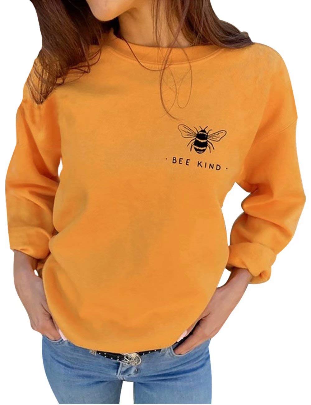 Be Kind Sweatshirts Pullover Women Bee Graphic Shirt Inspirational Teacher Fall Tops Loose Blouses size XL (Yellow)