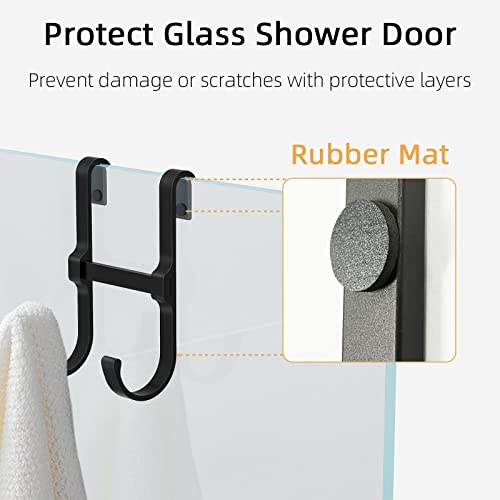 FWYH Glass Shower Door Hooks (2 Pack), Towel Hooks for Bathroom Frameless Glass Shower Door, Over Door Hooks Bathroom Drilling-Free Hanger for Hanging Towel, Robe, Loofah, Squeegee, Matte Black