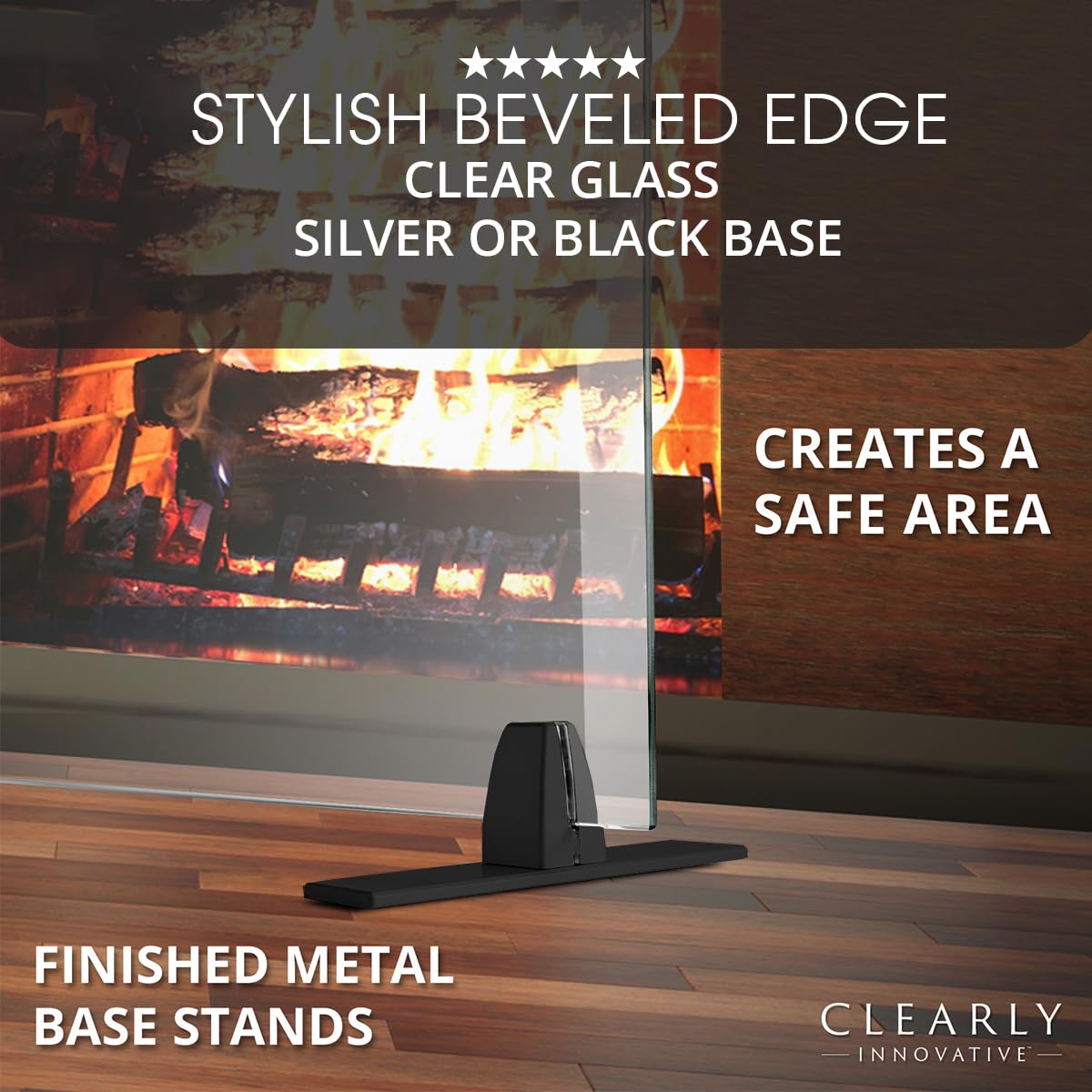 Premium Tempered Glass Fireplace Screen with Exclusive Beveled Edge | 29" H x 39" W Glass (30” H Installed) | Clear Glass, Metal Black Base | The Ultimate in Home Elegance by Clearly Innovative