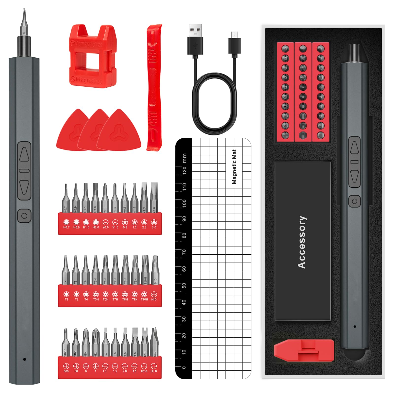 CasaCulina Mini Electric Screwdriver, 37 in 1 Electric Precision Screwdriver Kit with 30 Magnetic Bits, Small Electric Screwdriver Set Cordless Rechargeable Repair Tools for Phone Camera Watch, Red