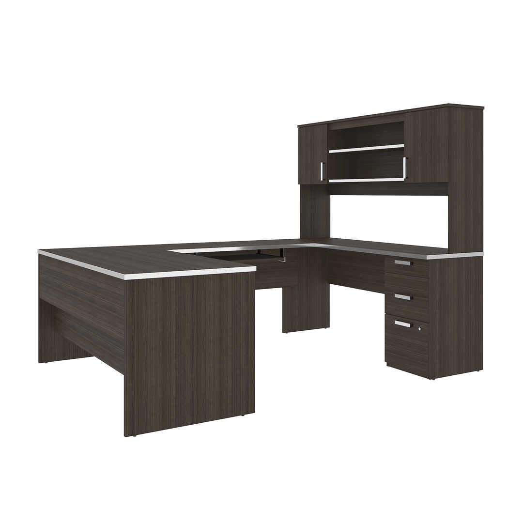 Bestar Universel 65W U-Shaped Executive Desk with Pedestal and Hutch in Dark Chocolate
