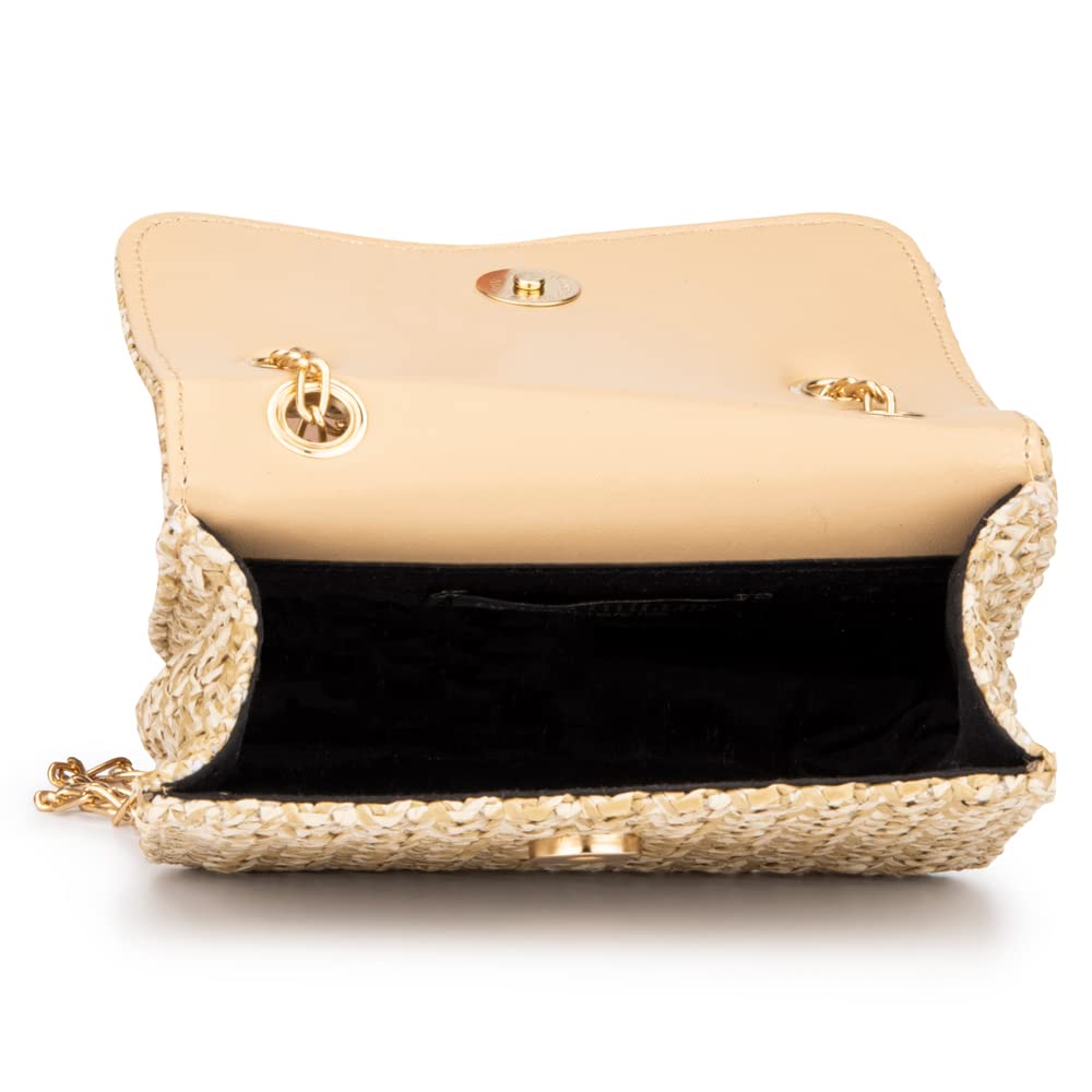 Olivia Miller Women's Fashion Mini Theodore Natural Straw w Double Chain n Front Flap, Beige Mini Crossbody Bag w Convertible Strap, Evening Everyday Casual Work Purse Handbag