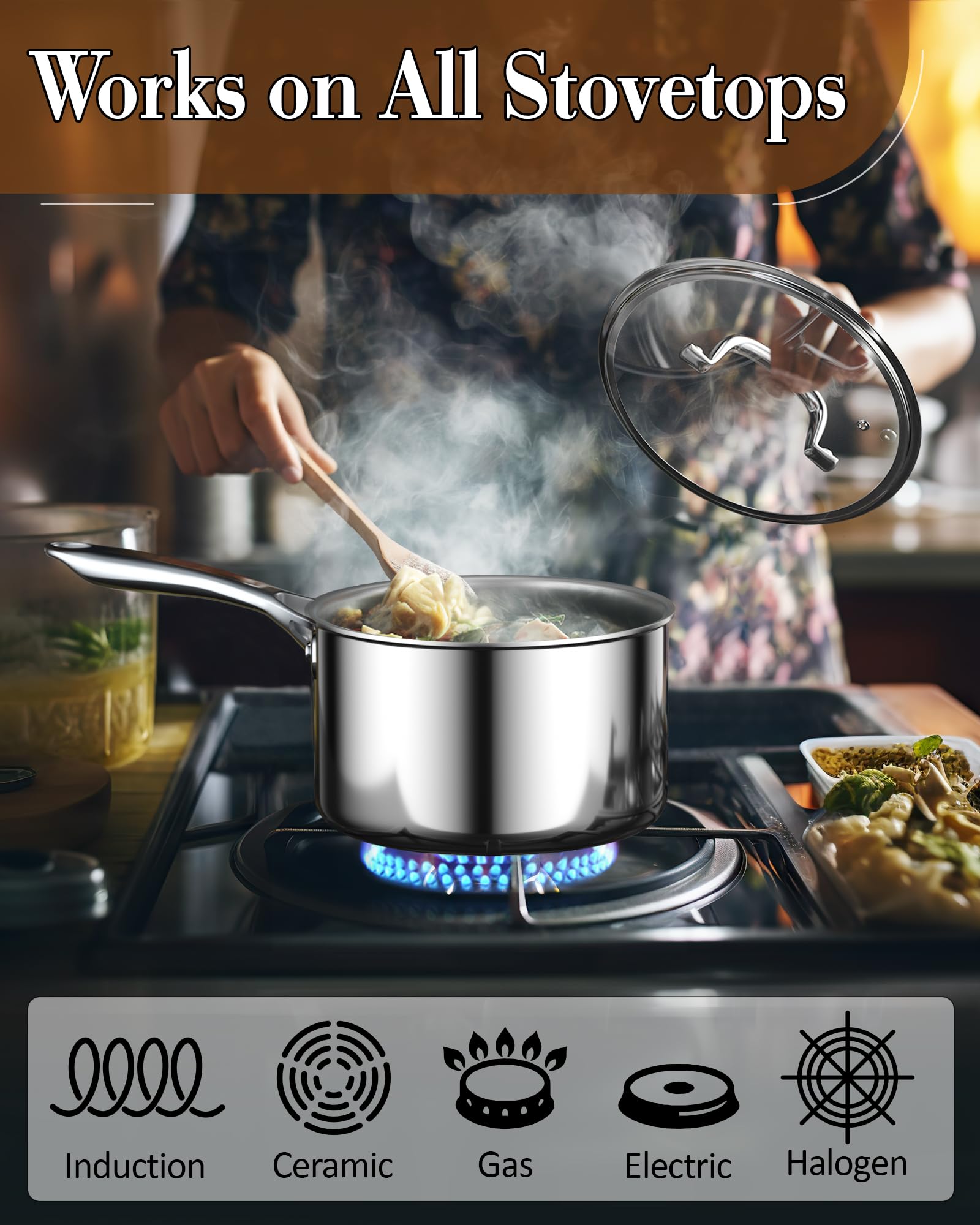 Cook N Home Stainless Steel Saucepan 3 Quart, Tri-Ply Full Clad Sauce Pan with Glass Lid, Silver
