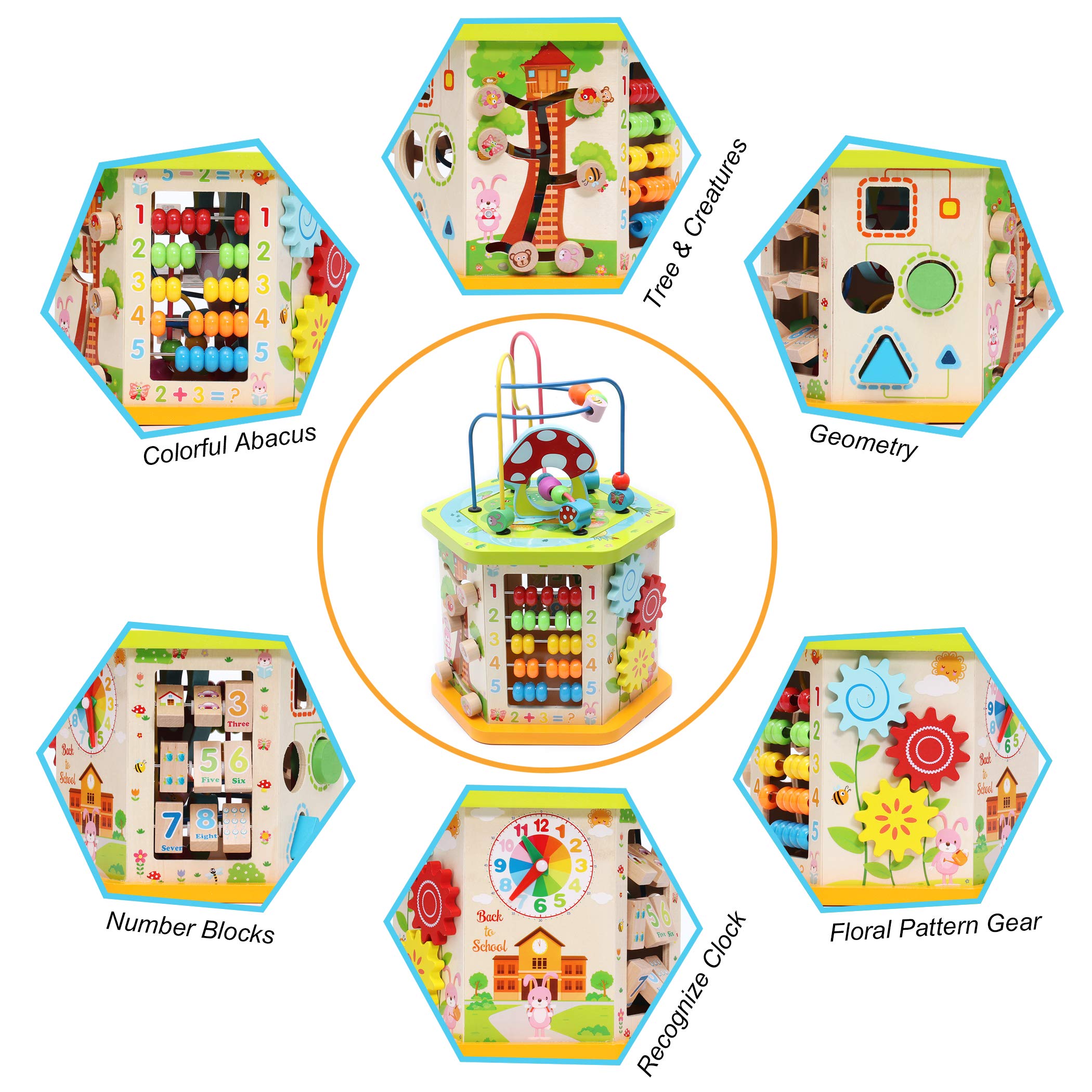LAVIEVERT 9-in-1 Wooden Play Cube Activity Center Multifunctional Bead Maze Shape Sorter Educational Toys Game for Toddlers & Kids